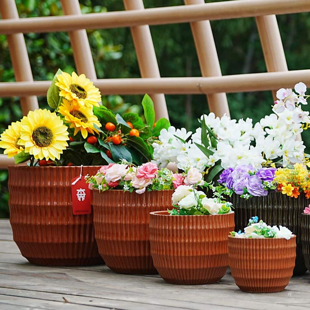 GOGEXX Set of 4 11.5 in. Round Coral Ceramic Flower Pot-with Frost and ...