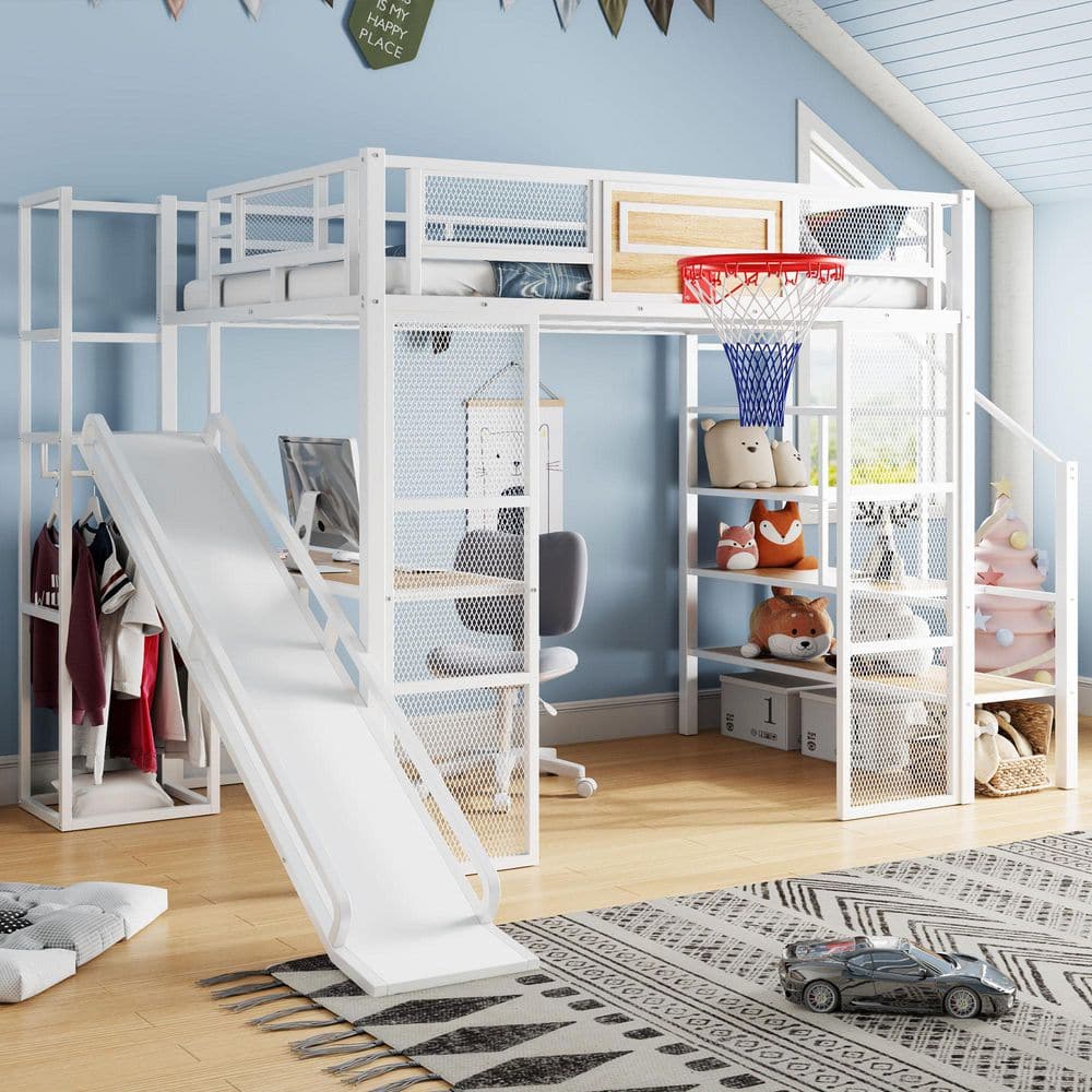 Polibi White Full Wood Loft Bed with Built-in Desk, Open Wardrobe ...