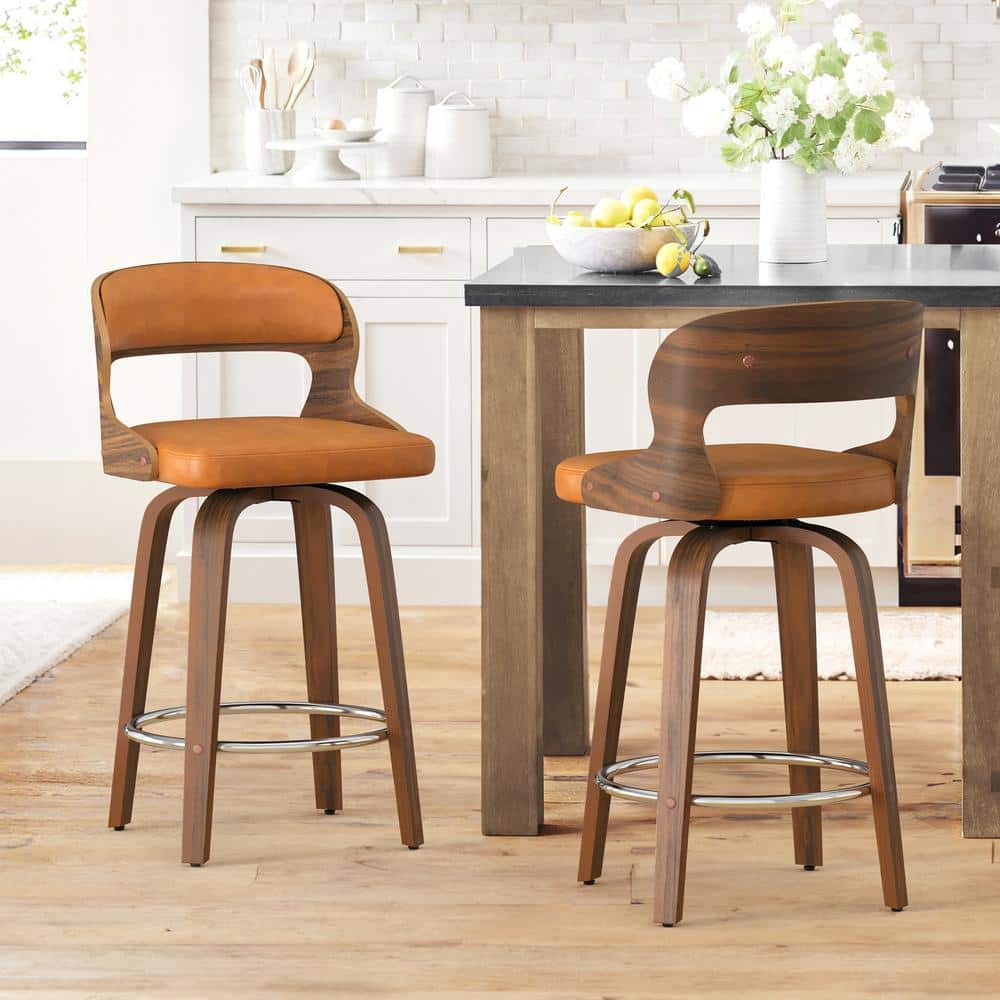 OrangeOne Edwards 26 in.Whiskey Brown Faux Leather Swivel Bar Stool ...