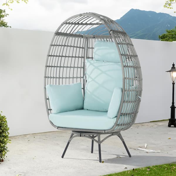 SANSTAR Patio Wicker Swivel Egg Chair Oversized Indoor Outdoor Egg Chair Gray Ratten Tiffany Blue Cushions H RJDC64TF The Home Depot