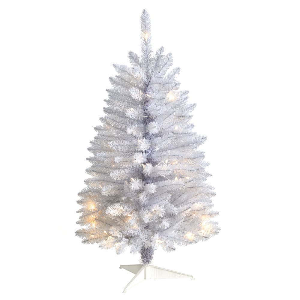 Nearly Natural 3 ft. Slim White Artificial Christmas Tree with 50 Warm ...