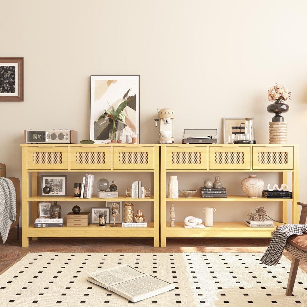 HOMEIBRO Set of 2 43.3 in. Natural Rectangle Wood Console Table with 3 ...