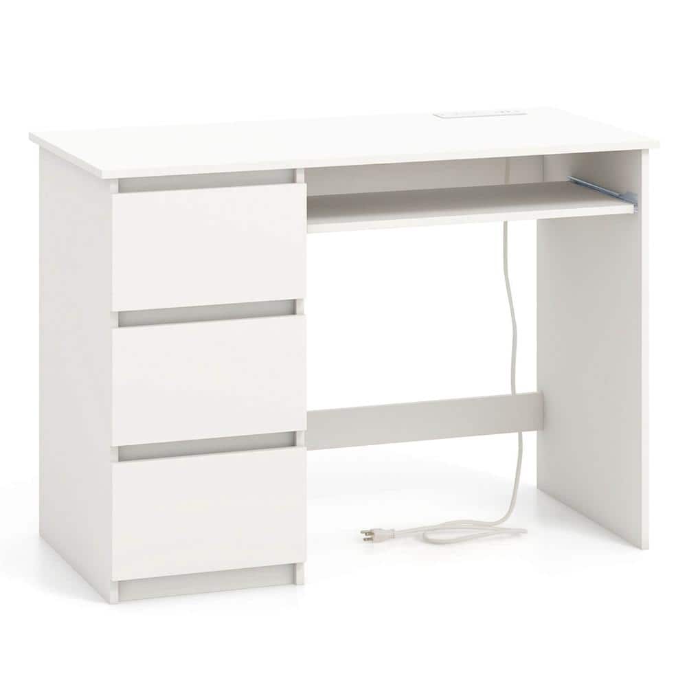 Costway 42 in. White 3-Drawer Computer Desk with Power Outlet Keyboard ...