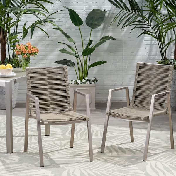 Sudzendf Set of 2 Silver and Taupe Aluminum Outdoor Dining Chair with ...