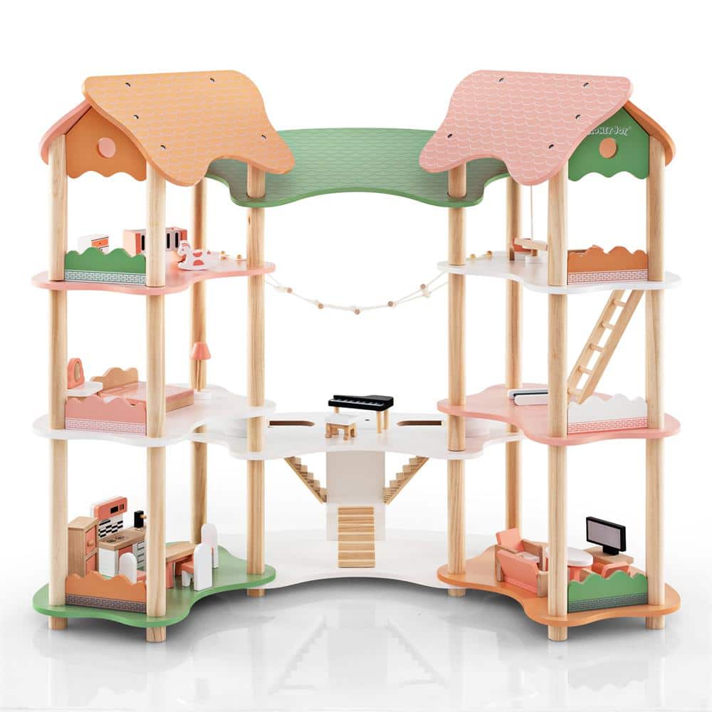 HONEY JOY Indoor Wood Doll House 7 Rooms 3 Tiers Playhouse with 31 ...