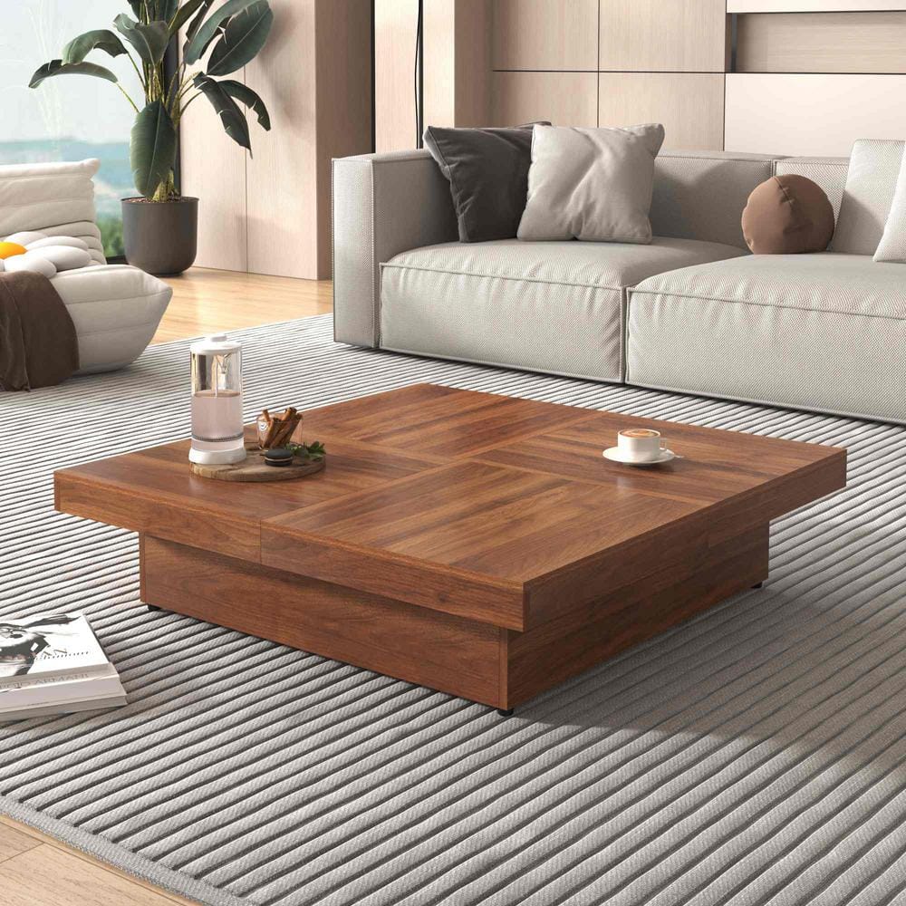 Polibi 39.4 in. Walnut Square MDF Coffee Table with 2 Drawers RS ...