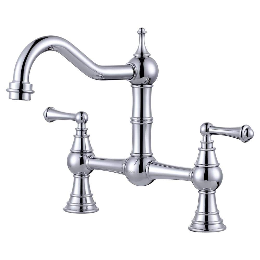WOWOW Classic Double Handle Bridge Kitchen Faucet Deck Mount in Chrome ...