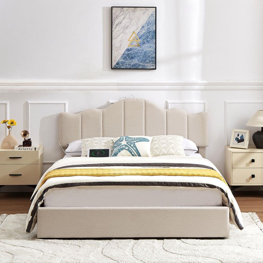VECELO Upholstered Bed Beige Metal Frame Full Platform Bed with Type-C ...