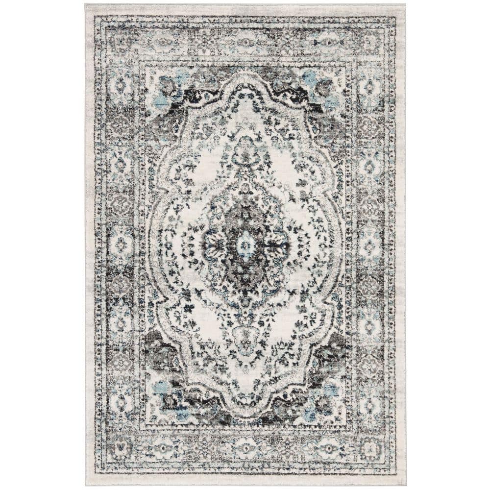 SAFAVIEH Madison Light Gray/Blue 4 ft. x 6 ft. Border Floral Medallion ...