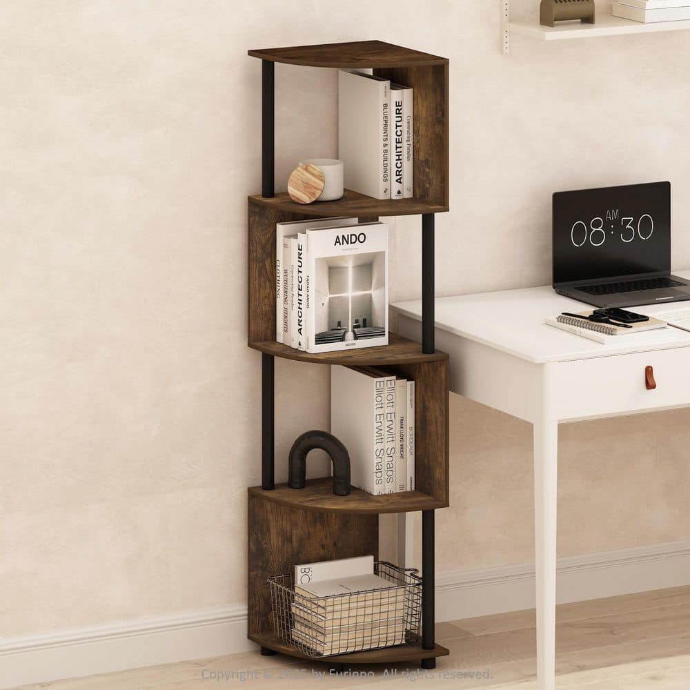 Furinno Basic 57.72 in. Tall Amber Pine/Black Wood 4-Shelf Corner Bookcase with Zigzag Design ...