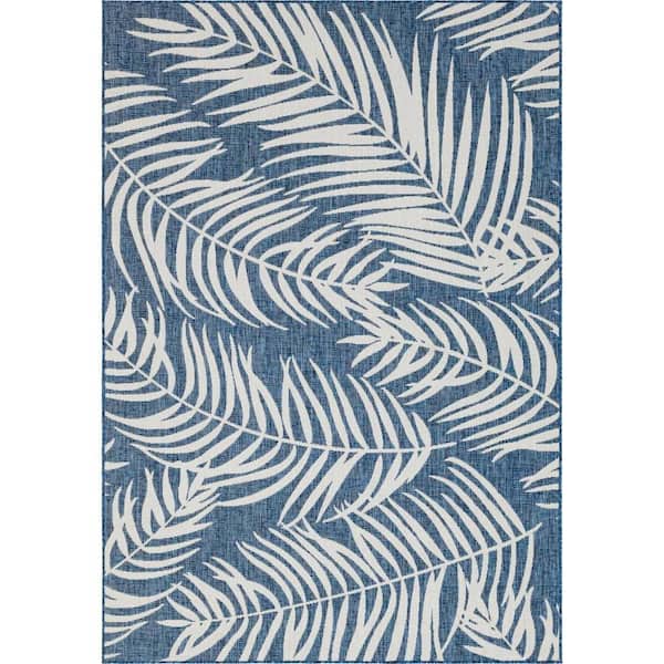 Unique Loom Outdoor Botanical Palm Blue 7 ft. 1 in. x 10 ft. Area Rug ...