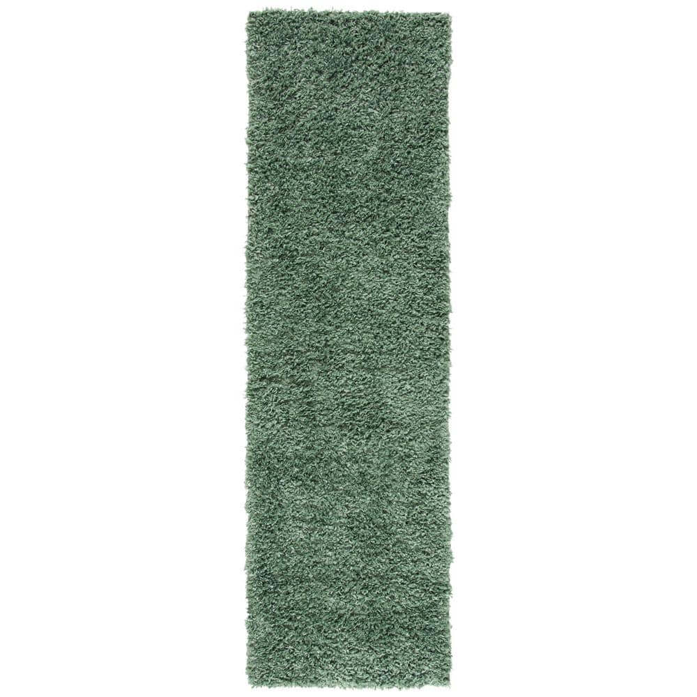 SAFAVIEH August Shag Green 2 ft. x 11 ft. Solid Runner Rug AUG200Y-211W ...