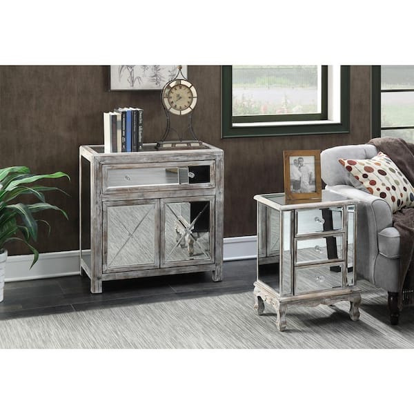 Convenience Concepts Gold Coast Vineyard 12 in. Weathered White Standard Rectangular Mirrored End Table with 3 Drawers U12 113