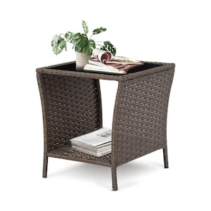 Rattan Wicker Outdoor Side Table with Storage Shelf for Porch, Backyard ...