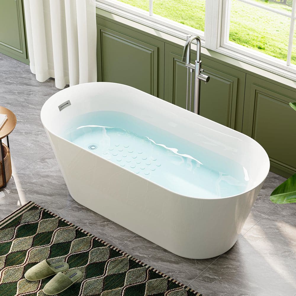 HOROW 59 in. x 27.5 in. Soaking Bathtub with Side Drain in White ...