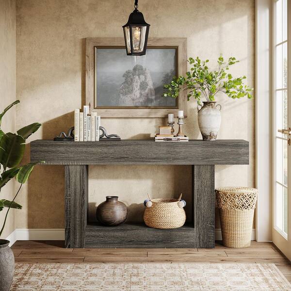 BYBLIGHT Turrella 63 in. Dark Grey Rectangle Engineered Wood Console ...