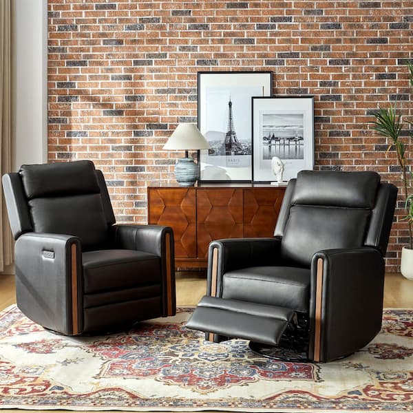 JAYDEN CREATION Lucio Black Genuine Leather Power Recliner with One ...