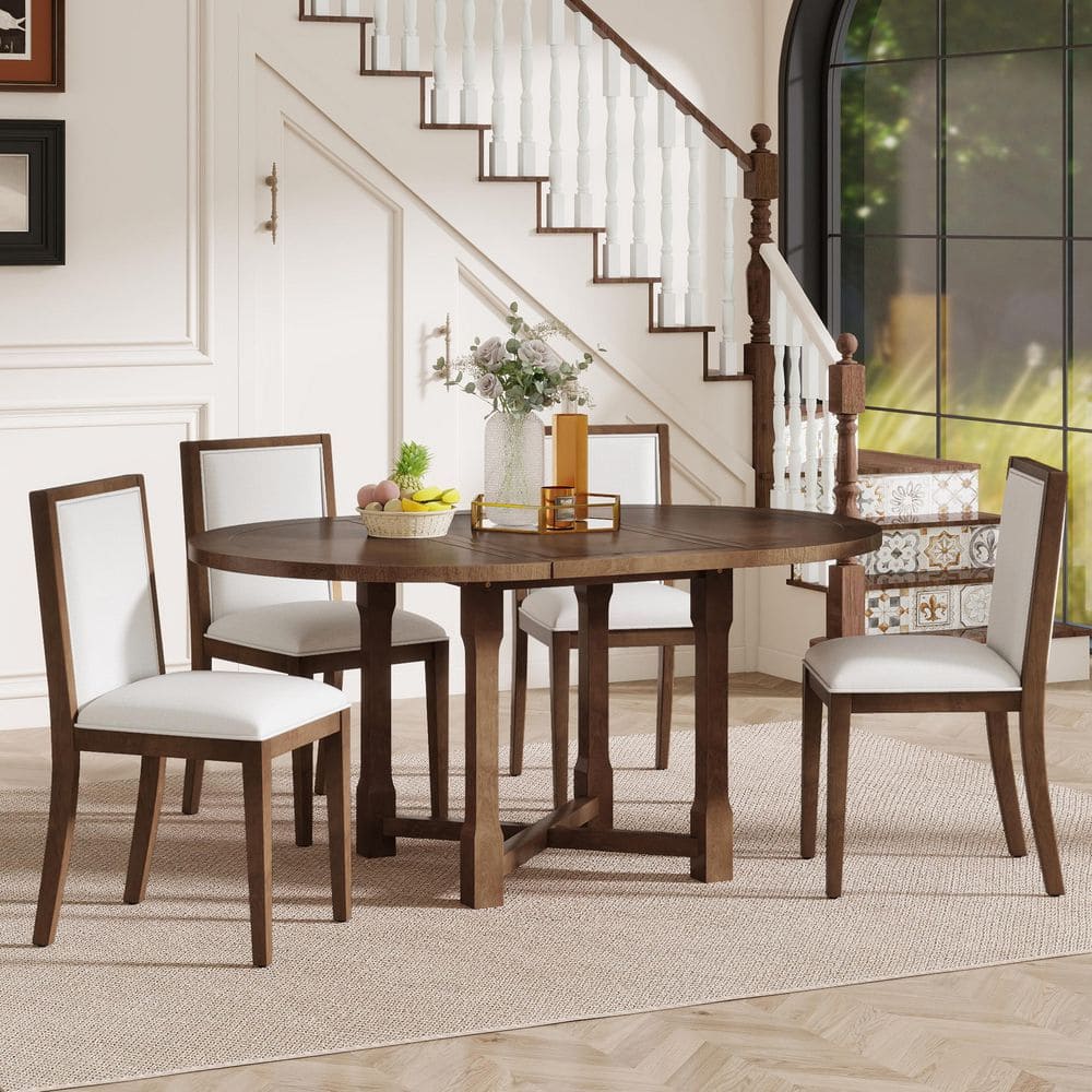 Nestfair 5 Piece Brown MDF Round Extendable Dining Table Set with ...