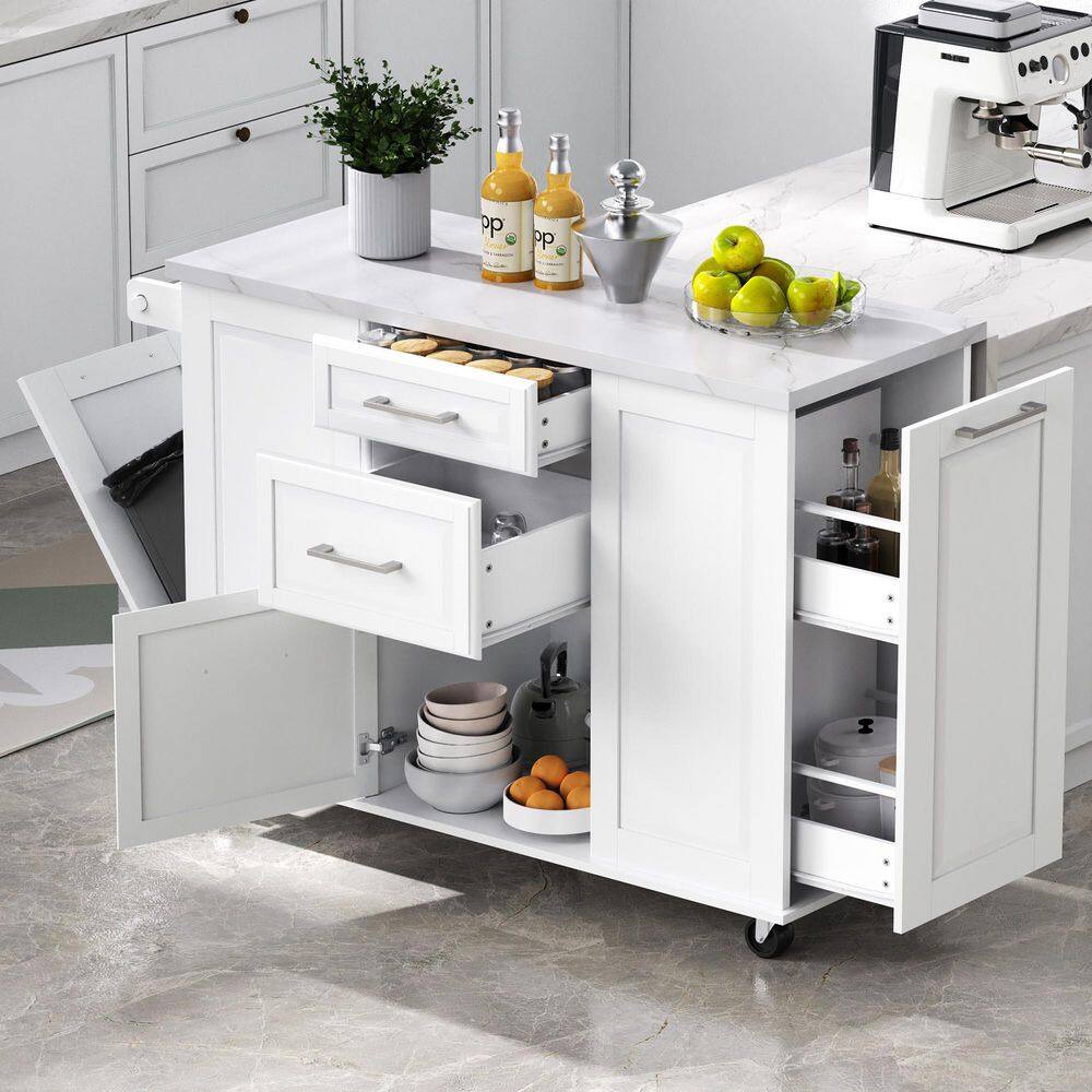 Zeus & Ruta Farmhouse White Wood MDF 50.7 in. W Kitchen Island with Drop Leaf, 2 Drawers, 1-Door ...