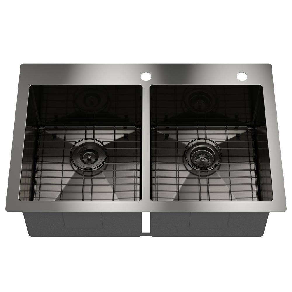 Dimakai 33 in. Drop-In Double Bowl Gunmetal Black Stainless Steel ...