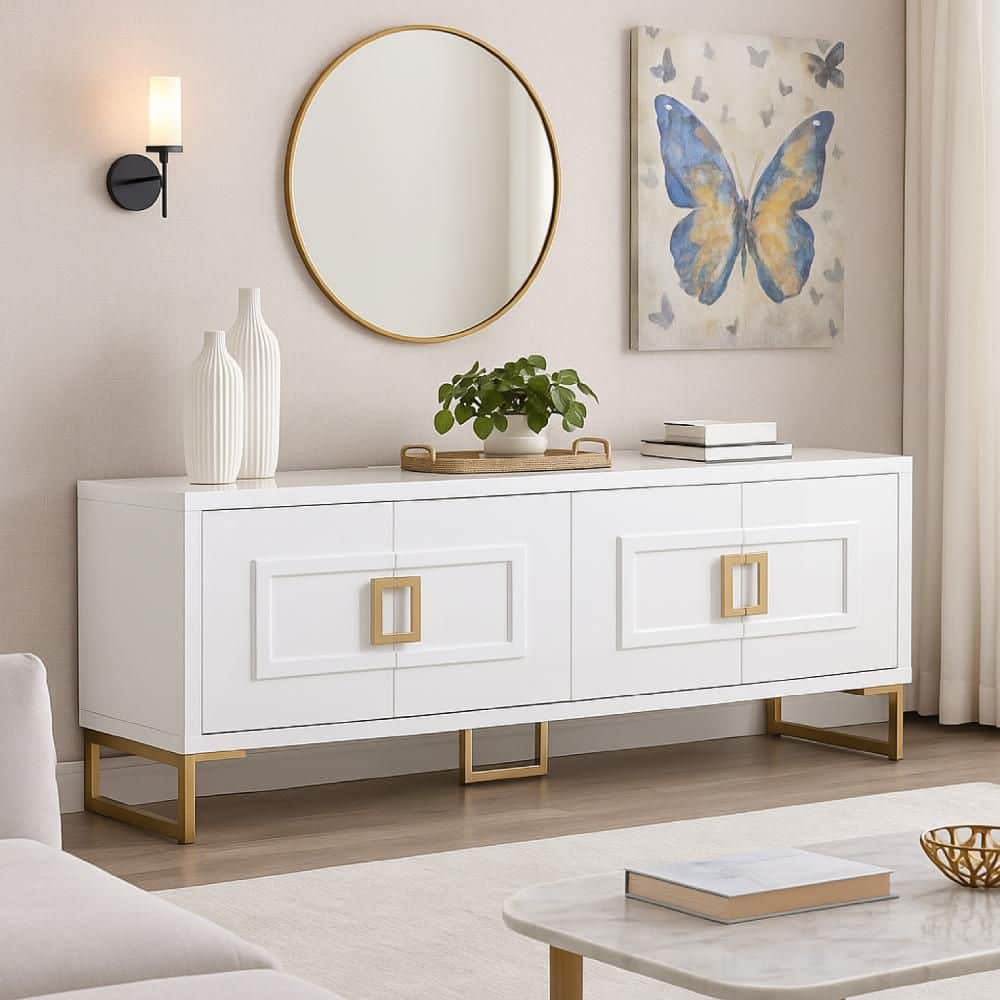 Benjara Cid Laha White and Champagne Gold Wood Sideboard Buffet Cabinet ...