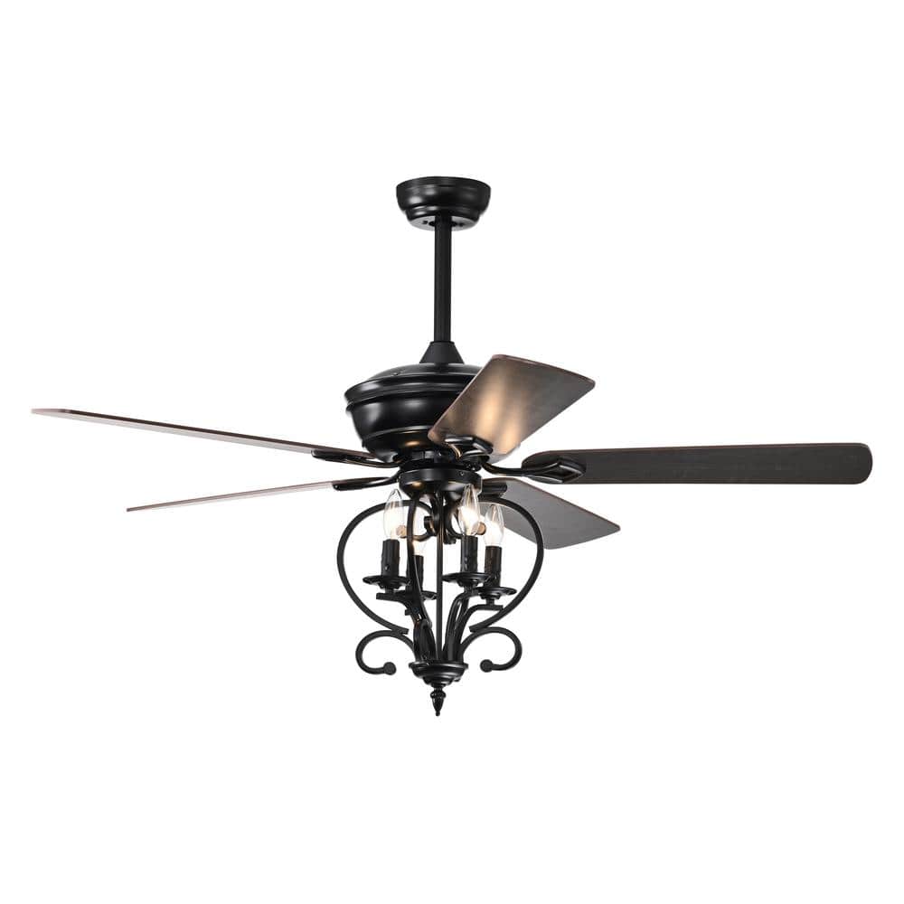 PUDO 52 in. Traditional Indoor Matt Black 4-Light Ceiling Fan Light ...