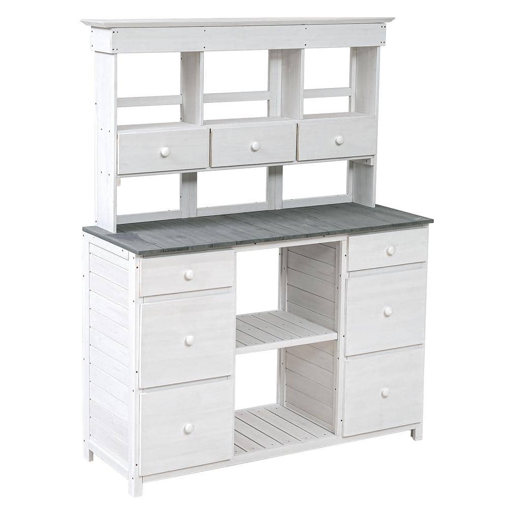 50.1 in. W x 65.7 in. H White Garden Potting Bench Table with 9-Drawers ...