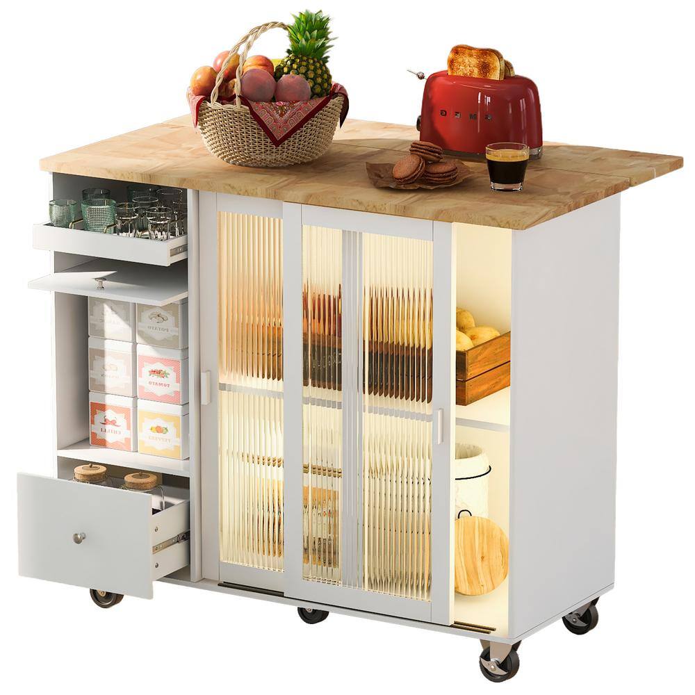tunuo White Wood 44 in. Kitchen Island with Drop Leaf, Kitchen Cart ...