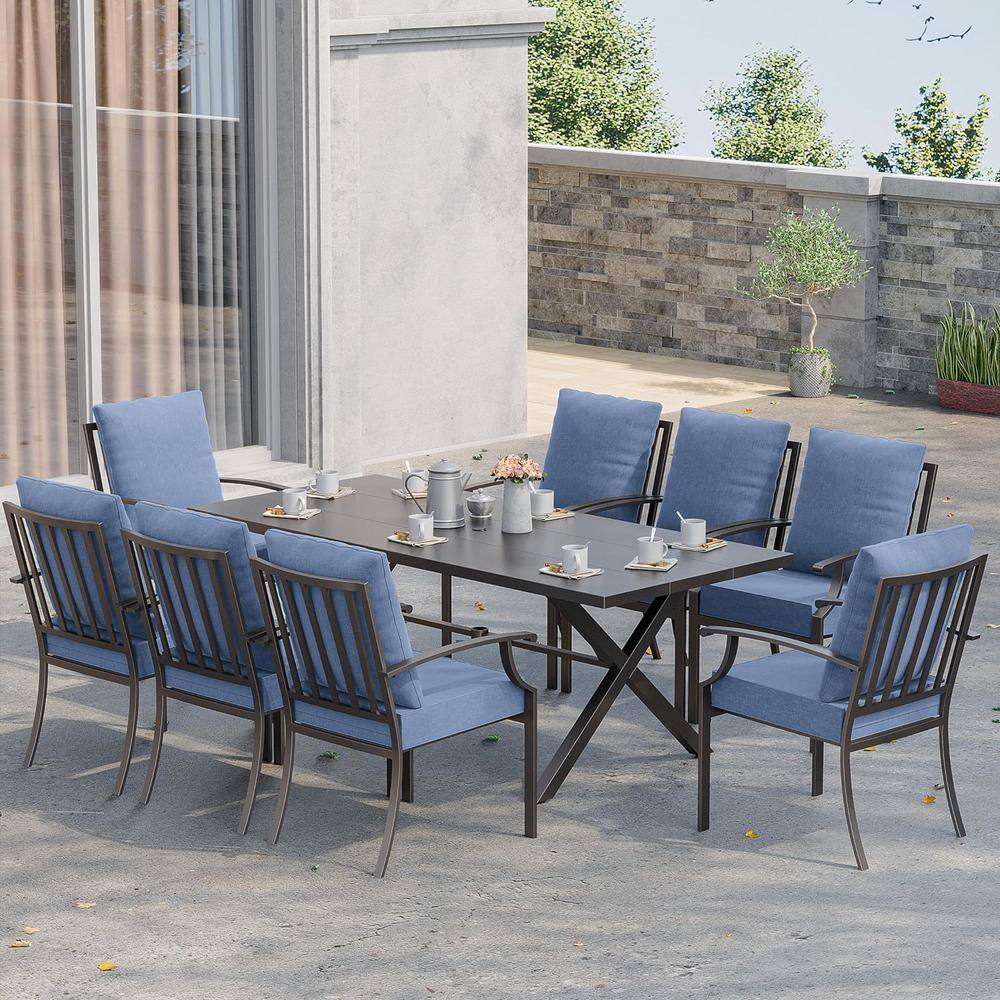 Halmuz 9-Piece Metal Outdoor Dining Set with Rattan Woven Backrest, an Umbrella Hole and Navy ...