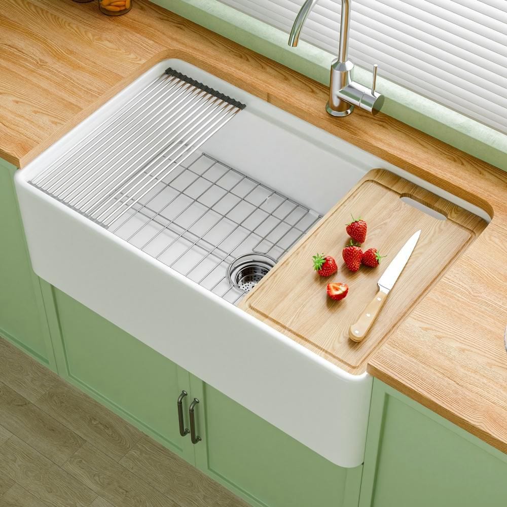 Kuomih Workstation Fireclay Farmhouse Sink 33 in. Apron-Front Single ...