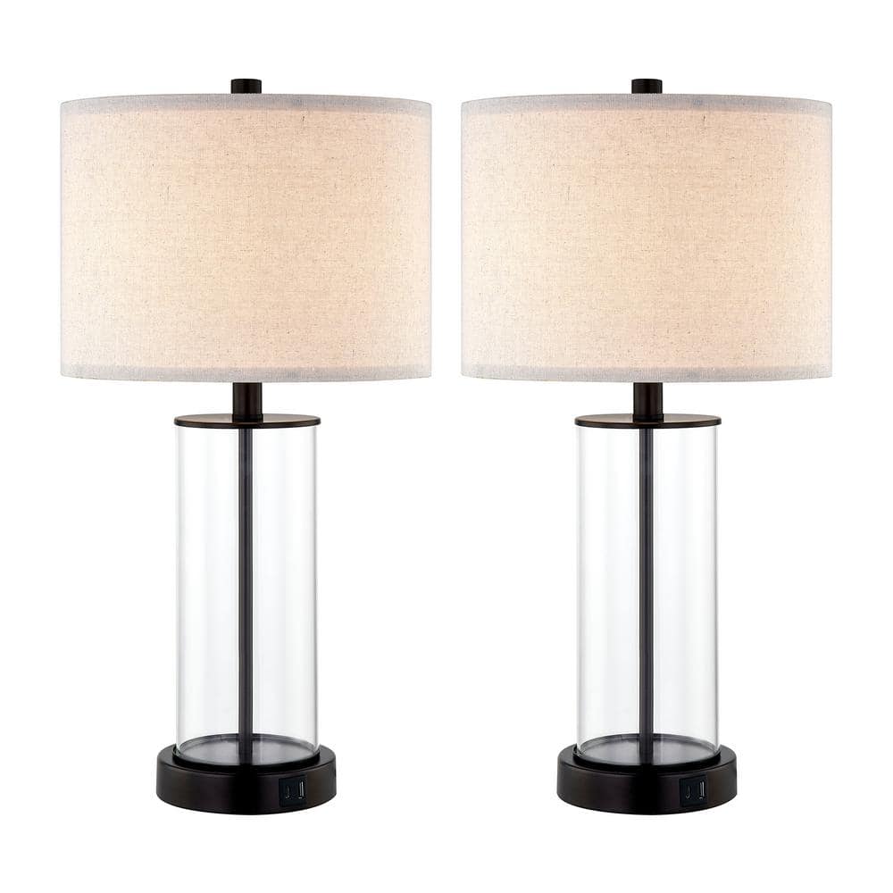 KAWOTI 23 in. Clear Glass Bronze Table Lamp Set with Bulbs, Dual USB ...