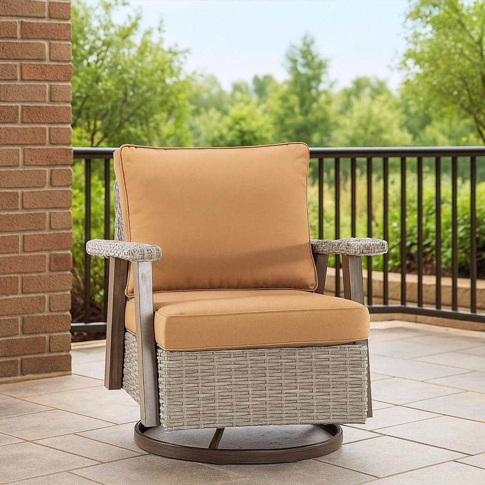Endark Grey Swivel Patio Wicker Chair Outdoor Rocking Chair with Tan ...