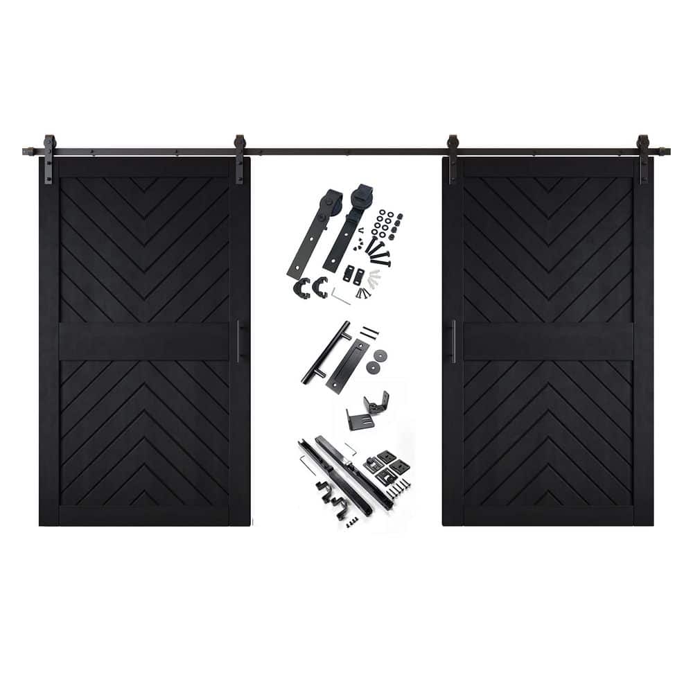 HOMACER JT4 50 in. x 84 in. C-Panel Black Fishbone Design Double Pine Wood Sliding Barn Door ...