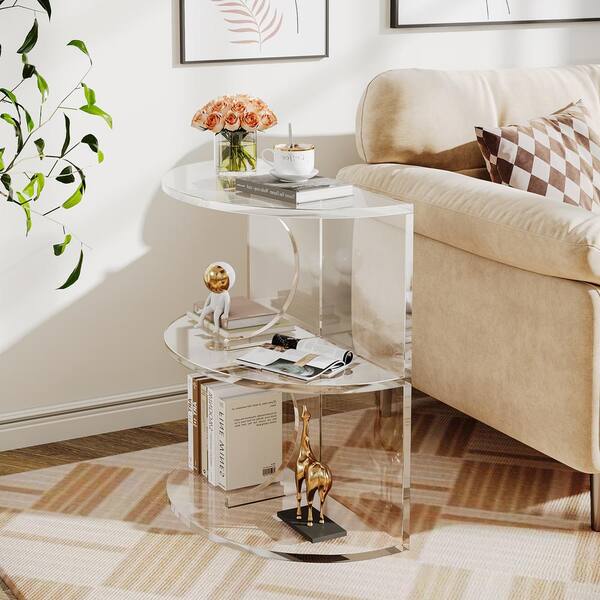 BYBLIGHT 23.62 in. Clear Half Circle Acrylic End Table with 3 Tier Storage Shelves No Assembly Side Table BB RY0135GX