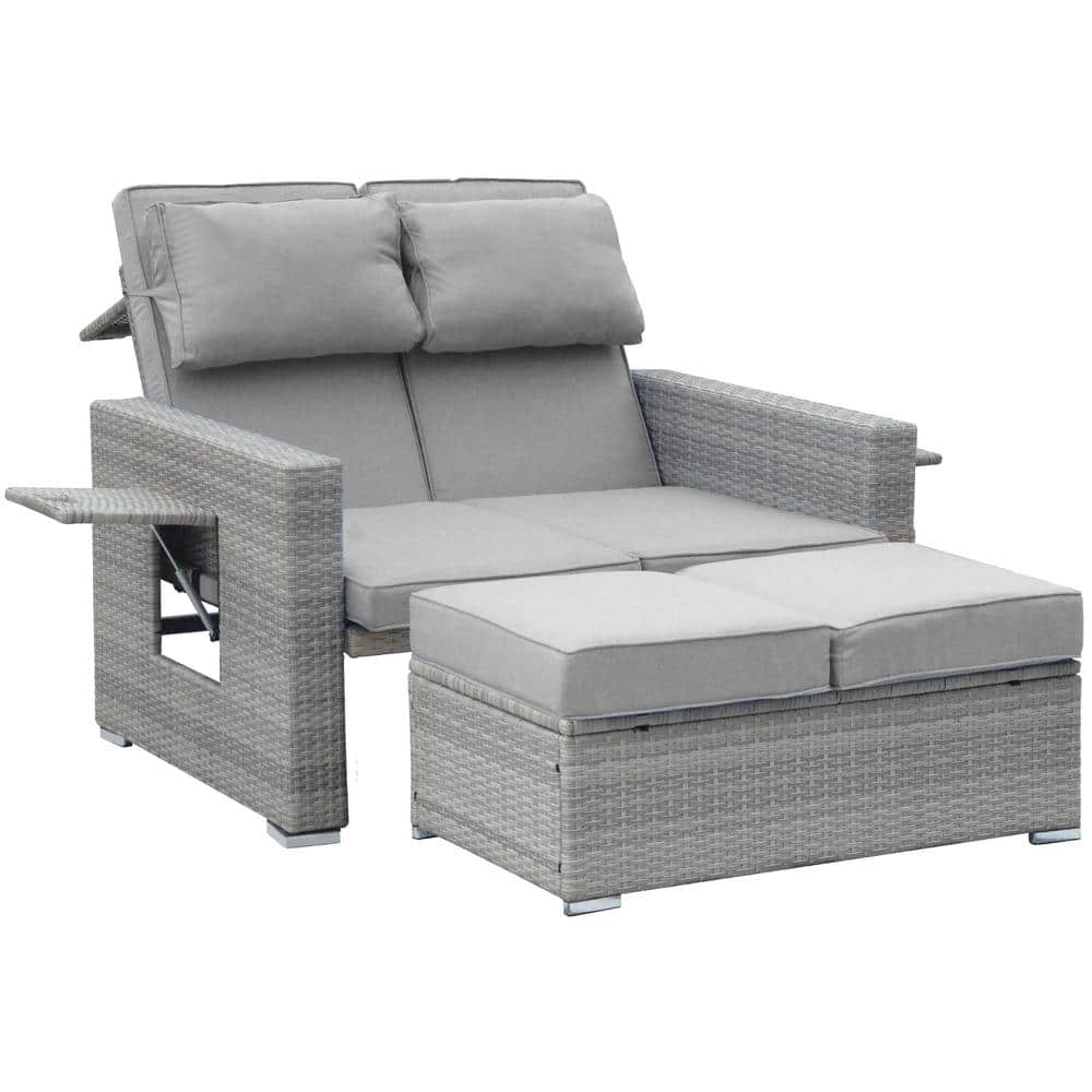 Tenleaf 2-Piece Wicker Outdoor Loveseat with Gray Cushions, Adjustable ...