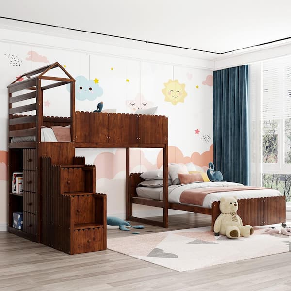 ANBAZAR Walnut-Light Gray File Cabinet With 2 Drawers And 4 Open ...