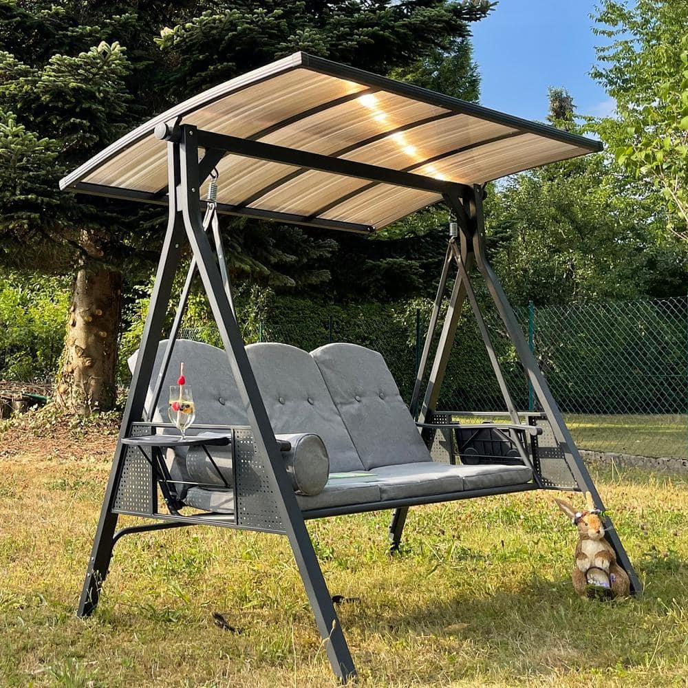 PURPLE LEAF Patio 3-seat Adjustable PVC Canopy Porch Swing with Side ...