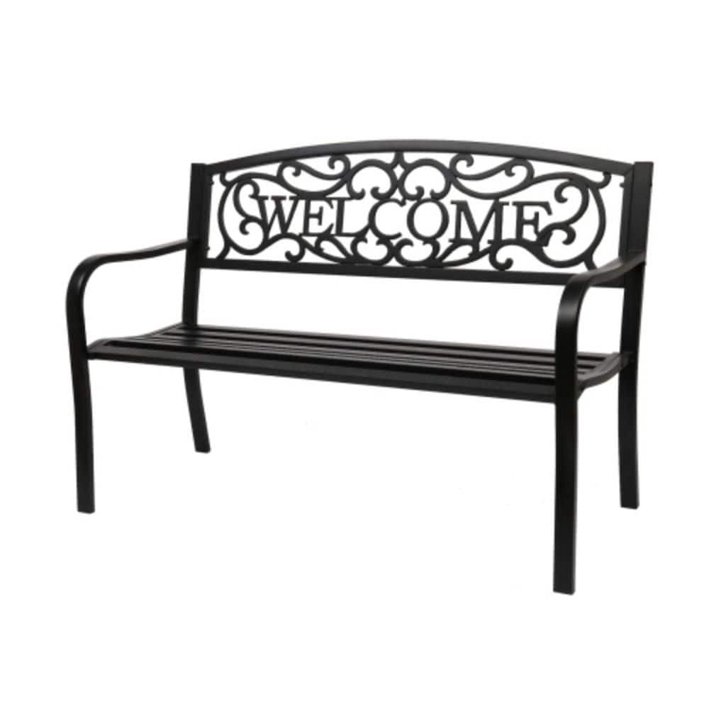 VINGLI 50 in. Outdoor Metal Bench w/ Welcome Pattern PVC Backrest 2 ...