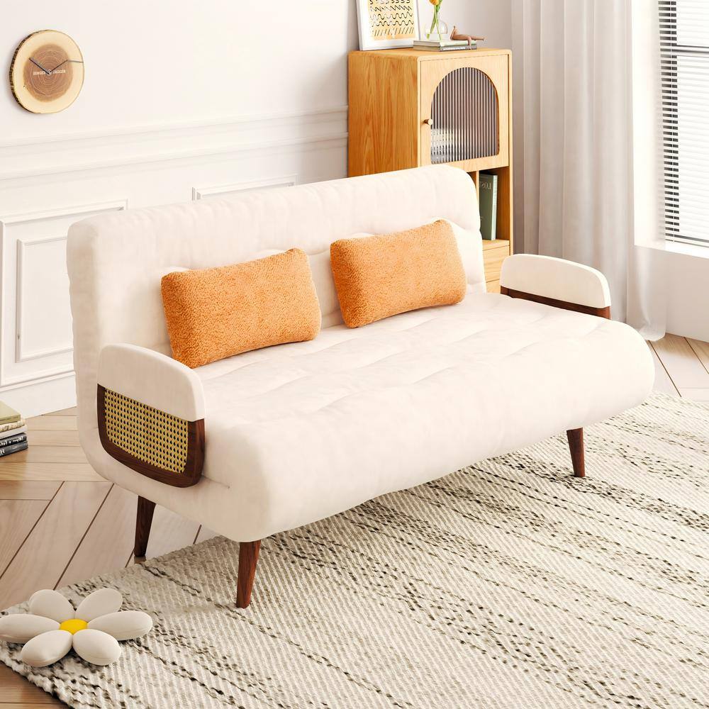 JASIWAY 59.06 in. Beige Wood Frame Faux Leather Sofa Bed J-P2209Y-150 ...