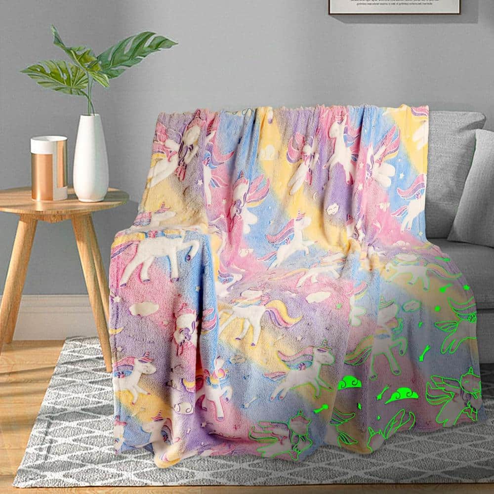 Afoxsos 50 in. x 60 in. Pink Polyester Quilted Twin Unicorn Glow in The ...