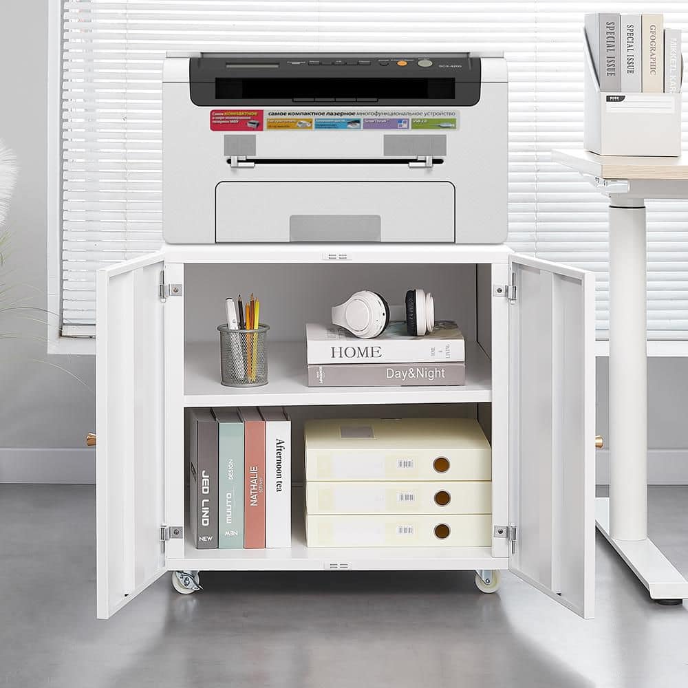 Kahomvis White 23.6 in. H Office Storage Cabinet, Metal Mobile Printer ...