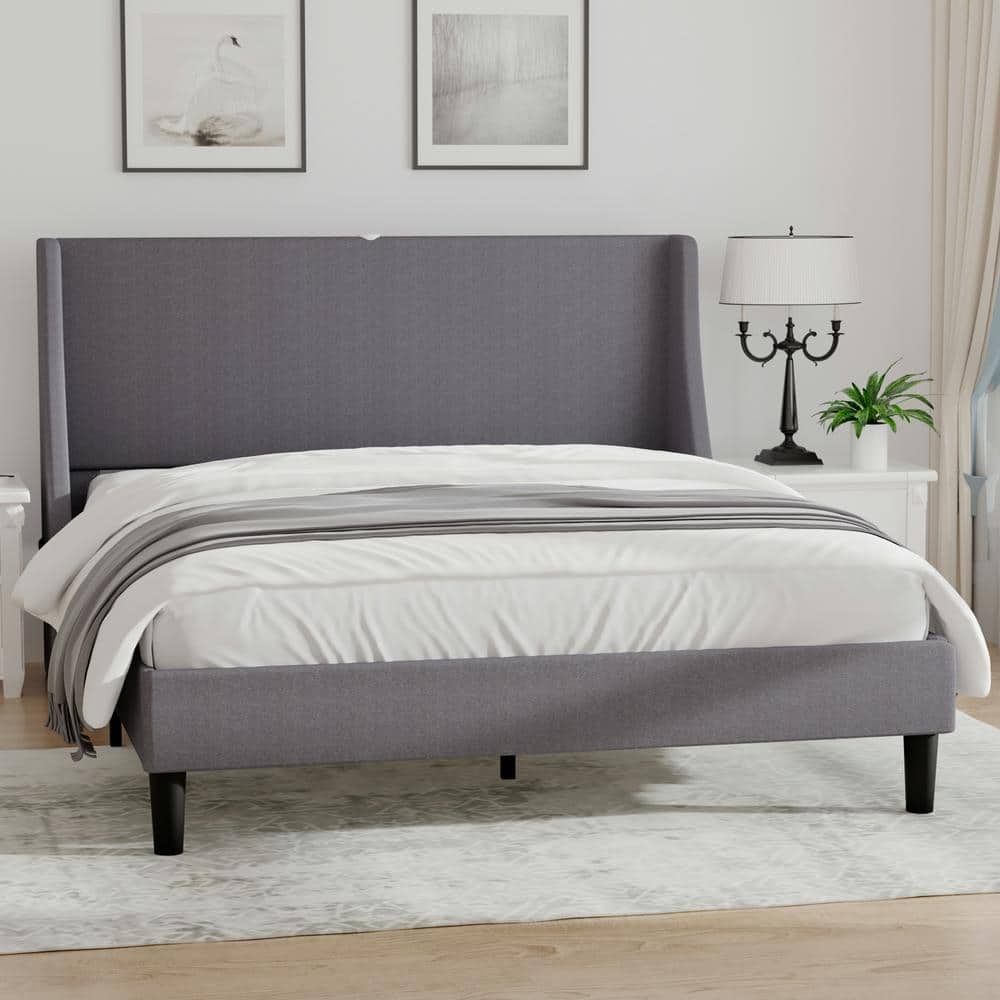 VECELO Upholstered Bed, Light Gray Metal Frame Full Platform Bed with ...