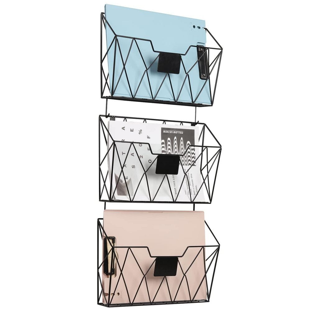 Wall Magazine Racks-Black Metal Hanging File Holders with Hooks for ...