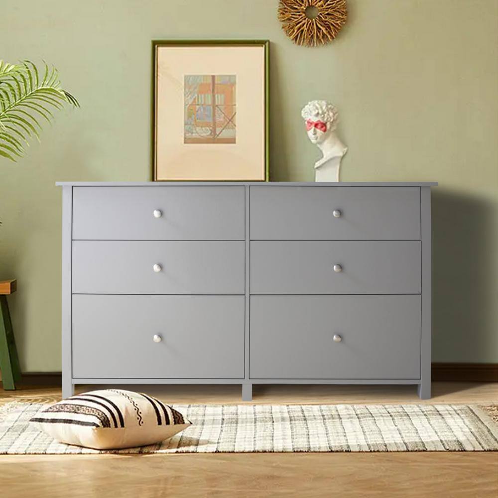 VEIKOUS Grey 6-Drawer Chest of Drawers Long Storage Dresser with 2 ...