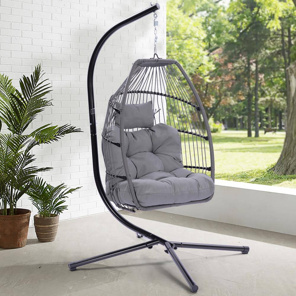 OLUMAT Wicker Patio Swing with Cushion and Pillow in Gray FO-QQY-003 - The Home Depot
