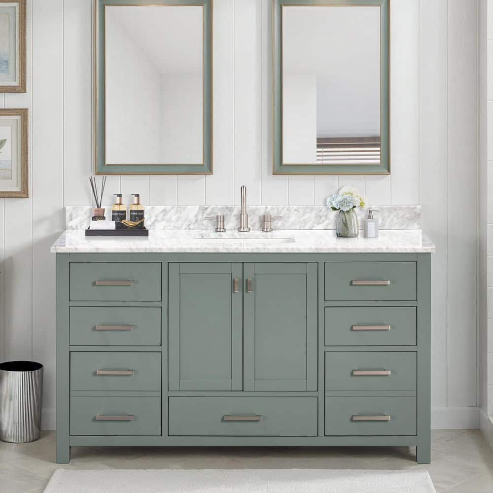 Avanity Modero 61 in. Single Sink Smoke Green Bath Vanity with Carrara White Marble Top MODERO ...