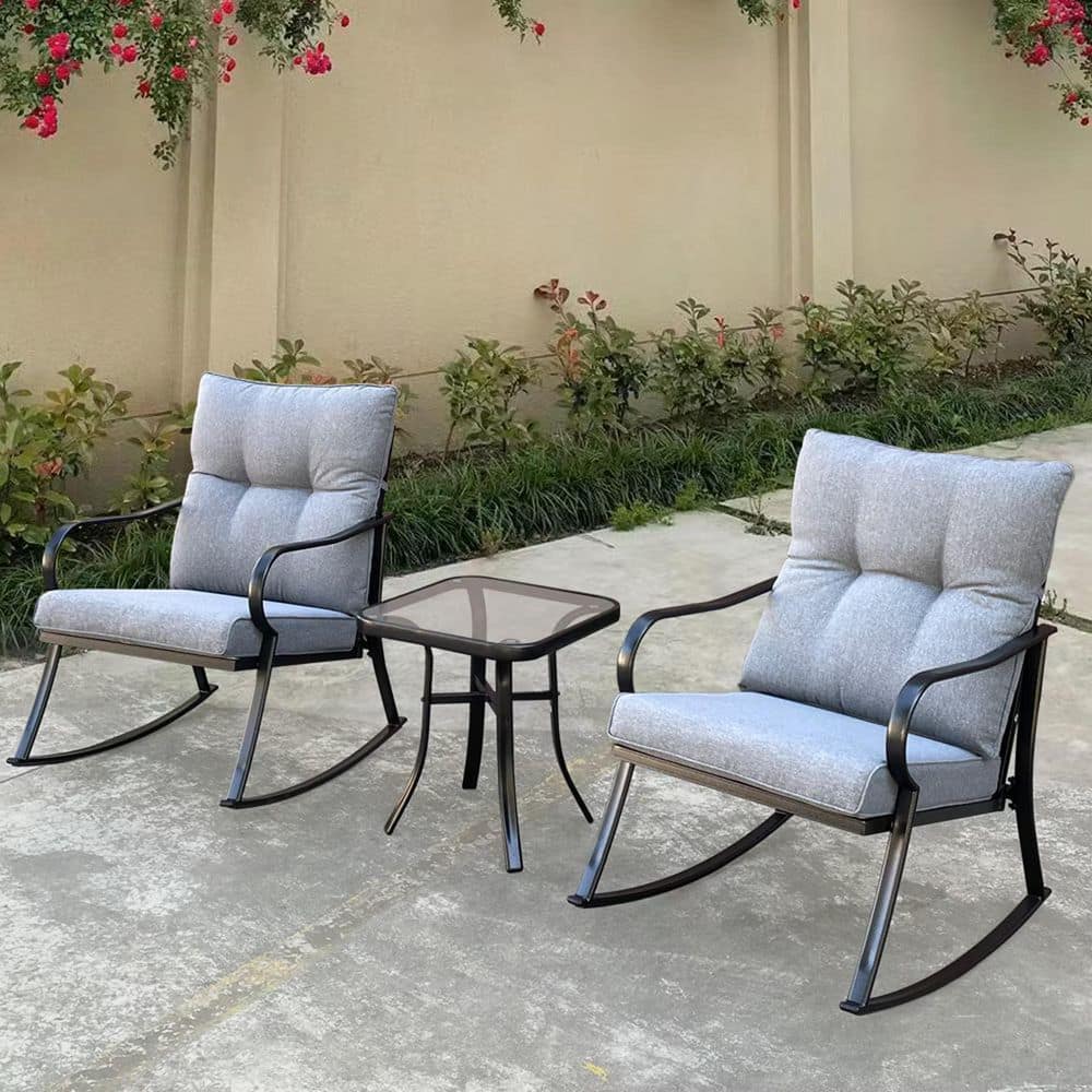 Staykiwi Black Metal Patio Outdoor Rocking Chair Set with Waterproof ...