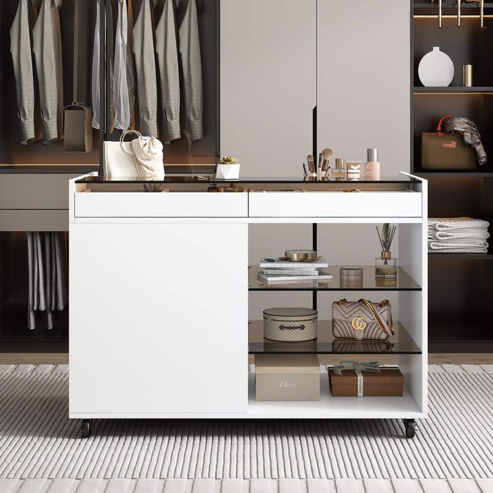 JUJABU White Wood 43.3 in. Kitchen Island with 3 Side Storage Drawer ...
