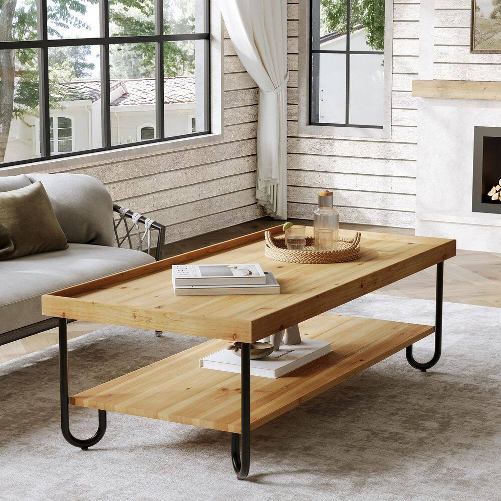 BYBLIGHT Allan 47.24 in. Nature Rectangle Solid Wood Coffee Table, 2 ...