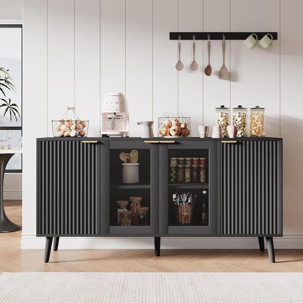 JASIWAY Modern Black Particle Board 55.12 in. Buffet Sideboard Cabinet with Glass Doors J BG004 BK